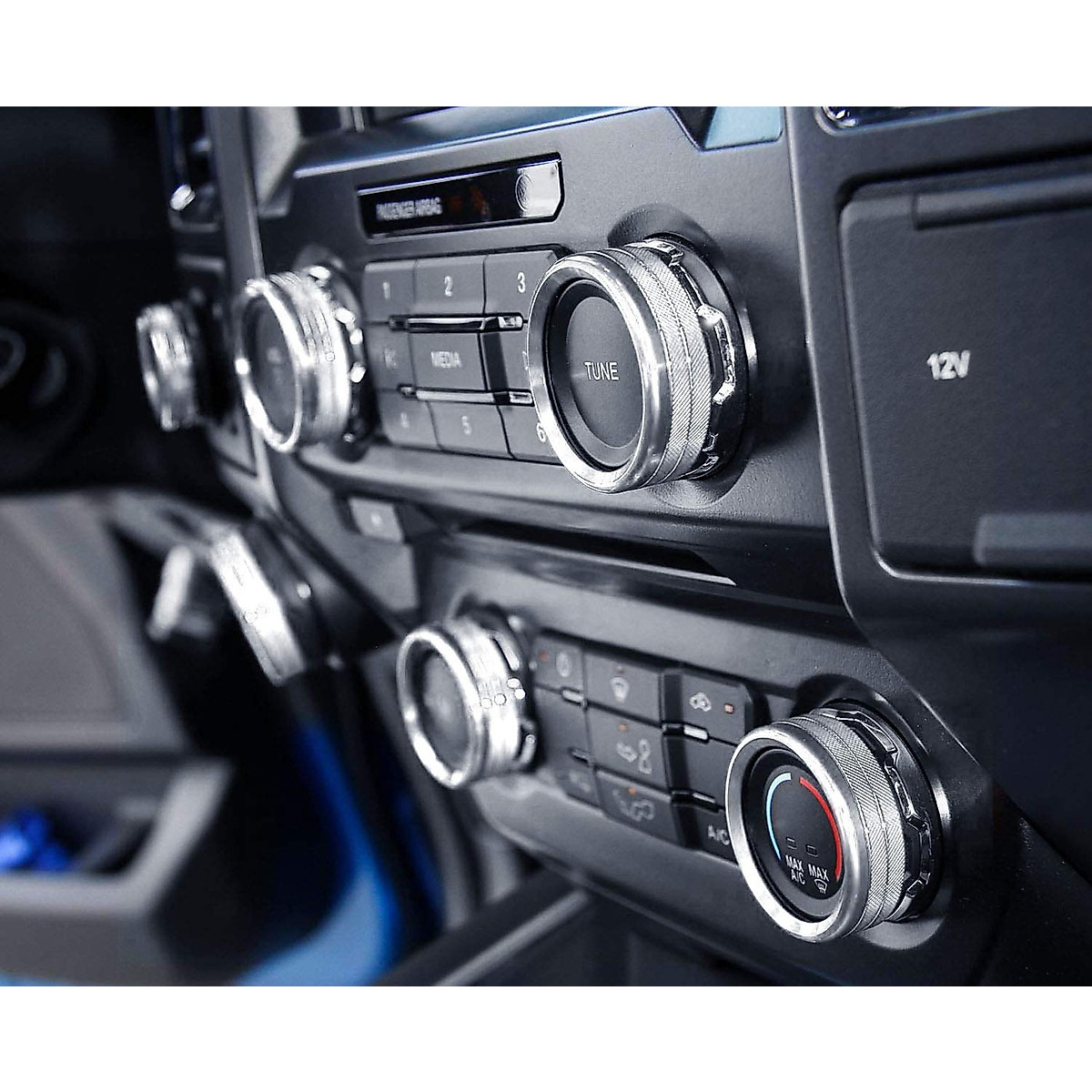 iJDMTOY 6pc-Set Silver Aluminum Air Conditioner Stereo Volume/Tune Trailer/4WD Switch Turner Covers Compatible with 2017-2020 Pre-LCI Ford SuperDuty F250 F350 F450 w/Rubber Turners