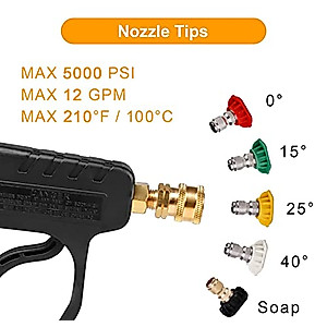 MEKOH High Pressure Washer Short Gun, 5000 PSI 12 GPM Industrial Pressure Power water Spray Gun, with 5 Nozzle Tips, 1/4'' Outlet, 3/8'' Quick Connect，M22-14mm Fitting, PTFE Tape and Car Sponge