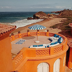 Business & Pleasure Co. Amalfi Umbrella - 7.2' Boho Beach Umbrella - Large & Sturdy Yet Lightweight - UPF 50+ UV-Resistant Canvas, Classic Spiral Blue