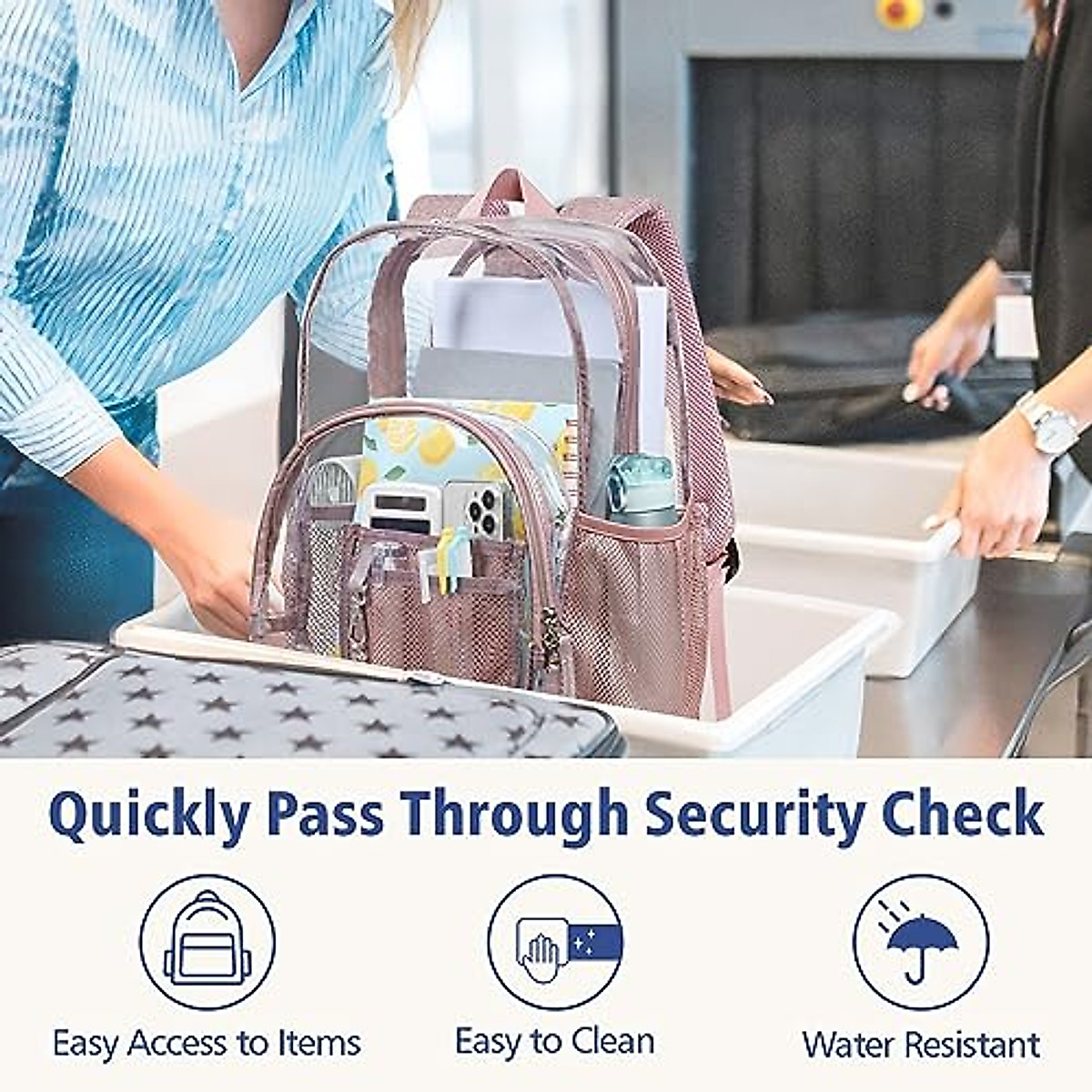 F-color Clear Backpack Heavy Duty - Large Clear Backpacks for School PVC Transparent Bookbag for Students Work Stadium Travel,Pink