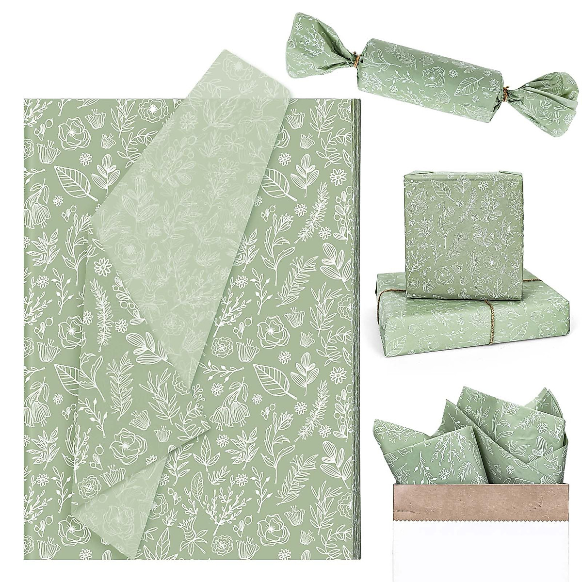 AnyDesign 100 Sheets Sage Green Wildflower Tissue Paper Green White Floral Gift Wrapping Paper Bulk Botanical Greenery Flower DIY Art Craft Paper for Packaging Wedding Birthday Baby Shower Bouquet