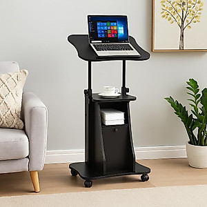 Tangkula Mobile Laptop Podium, Height Adjustable Sit to Stand Desk with Tilting Desktop & Storage Cabinet, Ergonomic Rolling Lectern Cart Laptop Desk, Office Podium Stand on Wheels (1)