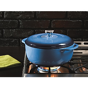 Lodge EC6D33 Enameled Cast Iron Dutch Oven, 6-Quart, Blue & Cast Iron Skillet with Red Silicone Hot Handle Holder, 12-inch