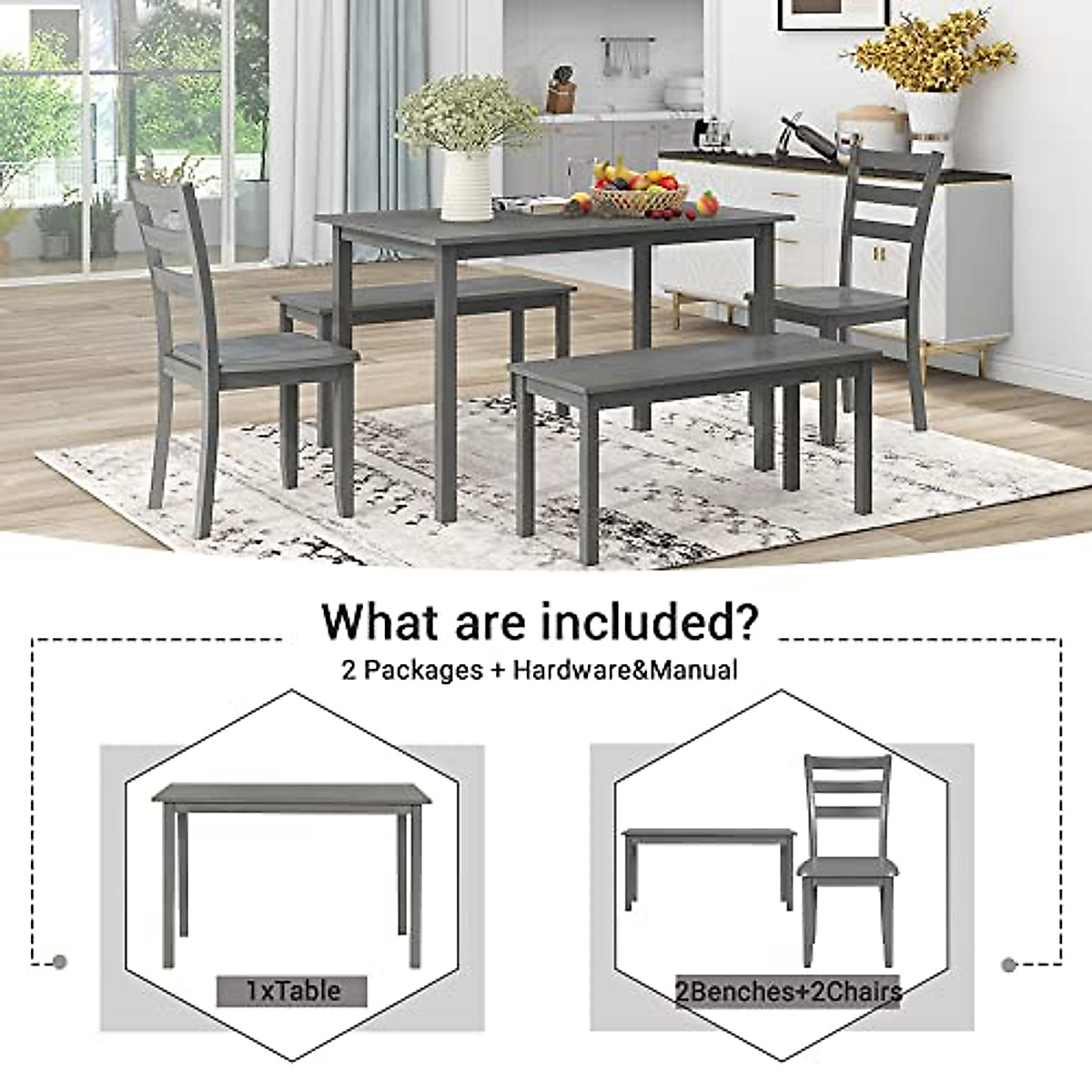 NCKMYB 5 Piece Dining Set, Rectangular Dining Table with 2 Chairs and 2 Benches, Rustic Wooden Dining Set for Kitchen Dining Room Restaurant (Grey)