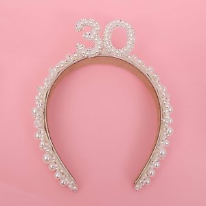 RSOLIET 30th Birthday Pearl Jewel Embellished Headband - 30th Birthday Outfit For Women,Rhinestone Headband With Peals For 30th Birthday Decorations