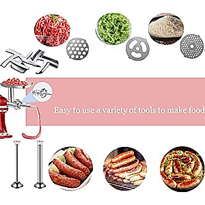 Metal Food Grinder Attachment for KitchenAid Stand Mixers， Meat Grinder Kitchen Aid Asseccories for KitchenAid，Includes 2 Sausage Stuffer Tubes, 4 Grinding Plates，Silver