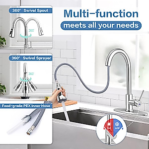 Homikit Kitchen Faucet with Pull Down Sprayer, Brushed Nickel Kitchen Sink Faucets Single Handle, 18/10 Stainless Steel High Arc Kitchen Faucet for Farmhouse RV Bar Laundry Sinks