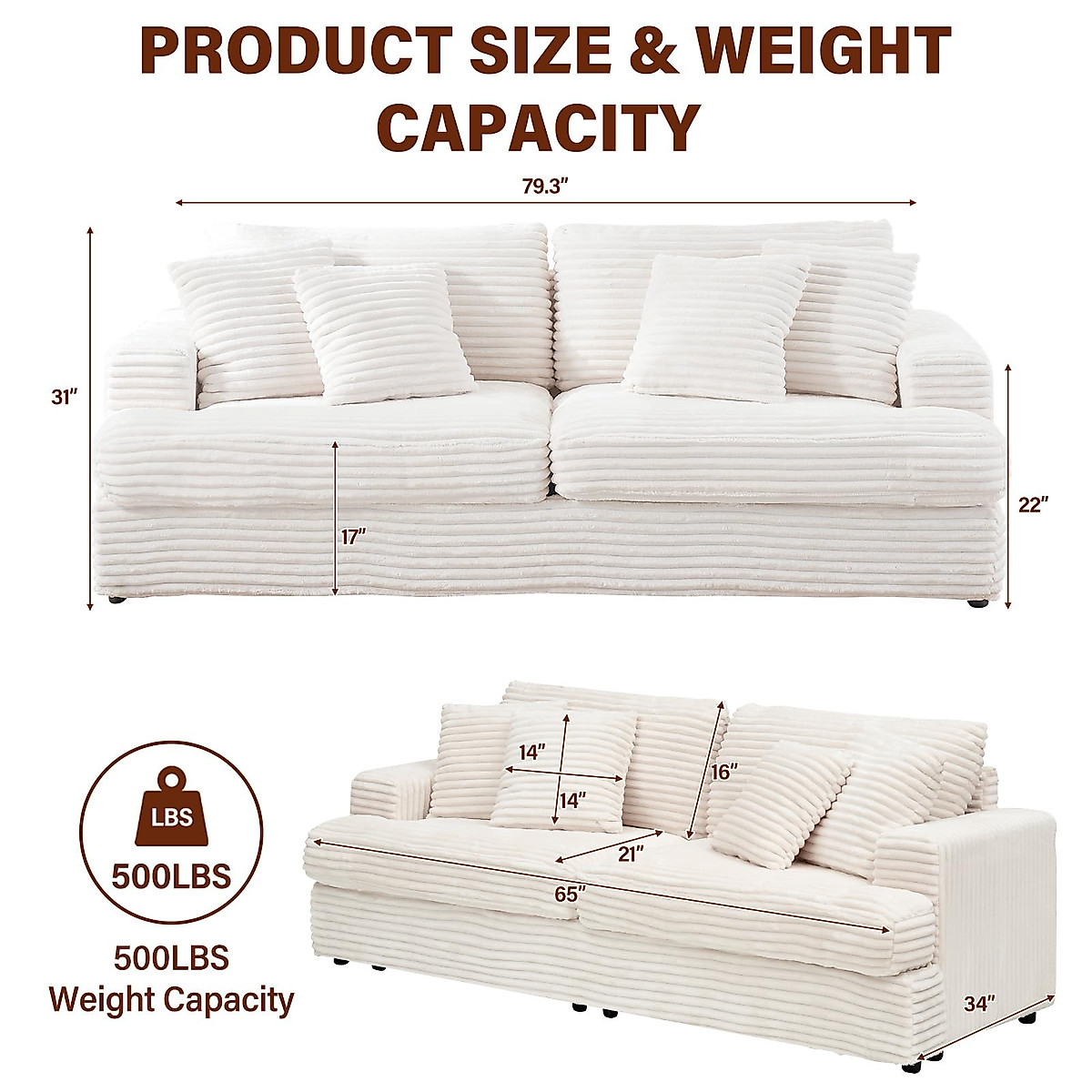 80" W Loveseat Sofa, Mid Century Modern Love Seat Couches for Living Room, Corduroy Small Couch, Comfy Upholstered Couch for Small Spaces, Bedroom,White