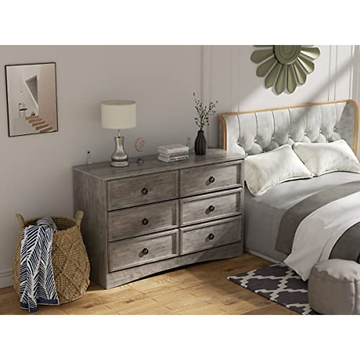 LGHM Modern 6 Drawer Dresser, Dressers for Bedroom, Chest of Drawers Closet Organizers and Storage Clothes - Easy Pulls Handle, Textured Borders Living Room, Hallway, Gray Wash