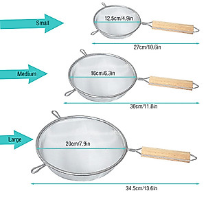 Weymier Fine Mesh Strainers For Kitchen, Stainless Steel Mesh Strainers With Wood Handles,Set of 3 Sizes: 4.9"，6.3"and 7.9"