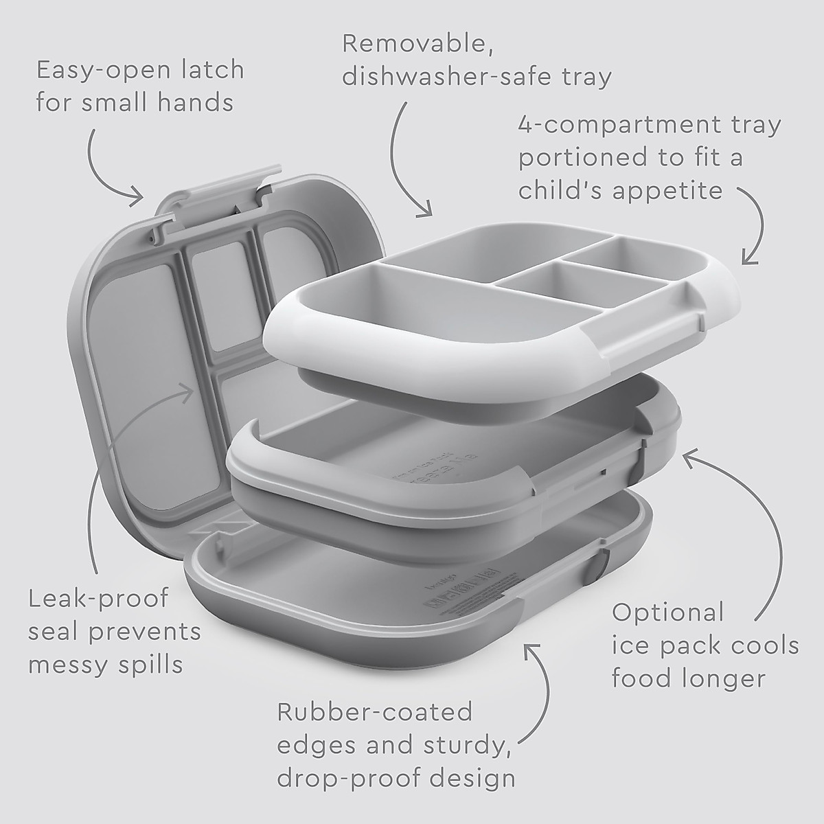Bentgo® Kids Chill Leak-Proof Lunch Box - Included Reusable Ice Pack Keeps Food Cold; 4-Compartment Bento Lunch Container; Microwave & Dishwasher Safe; 2 Year Manufacturer Warranty (Gray)