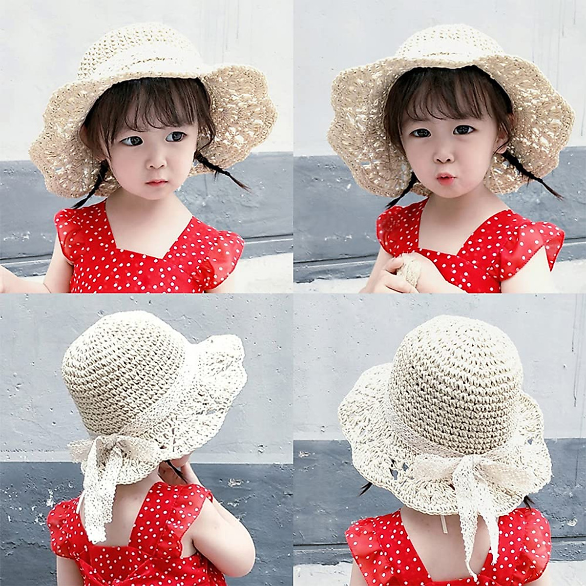 Baby Girl Straw Hat 3-6 Years Girls Summer Beach Hats with Bowknot Sun Protection Hats for Kids (Khaki)