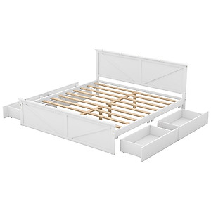 LZ LEISURE ZONE King Size Platform Bed, Wooden Platform Bed Frame with 4 Storage Drawers and Support Legs, No Box Spring Needed, White