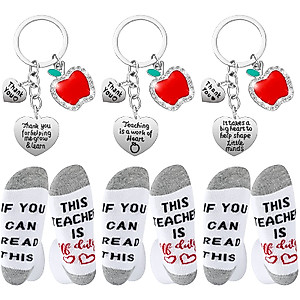 Hicarer 6 Pieces Teacher Keychain Gifts Set Teacher Key Ring Appreciation Sock Gifts Valentines Day Gifts for Teacher