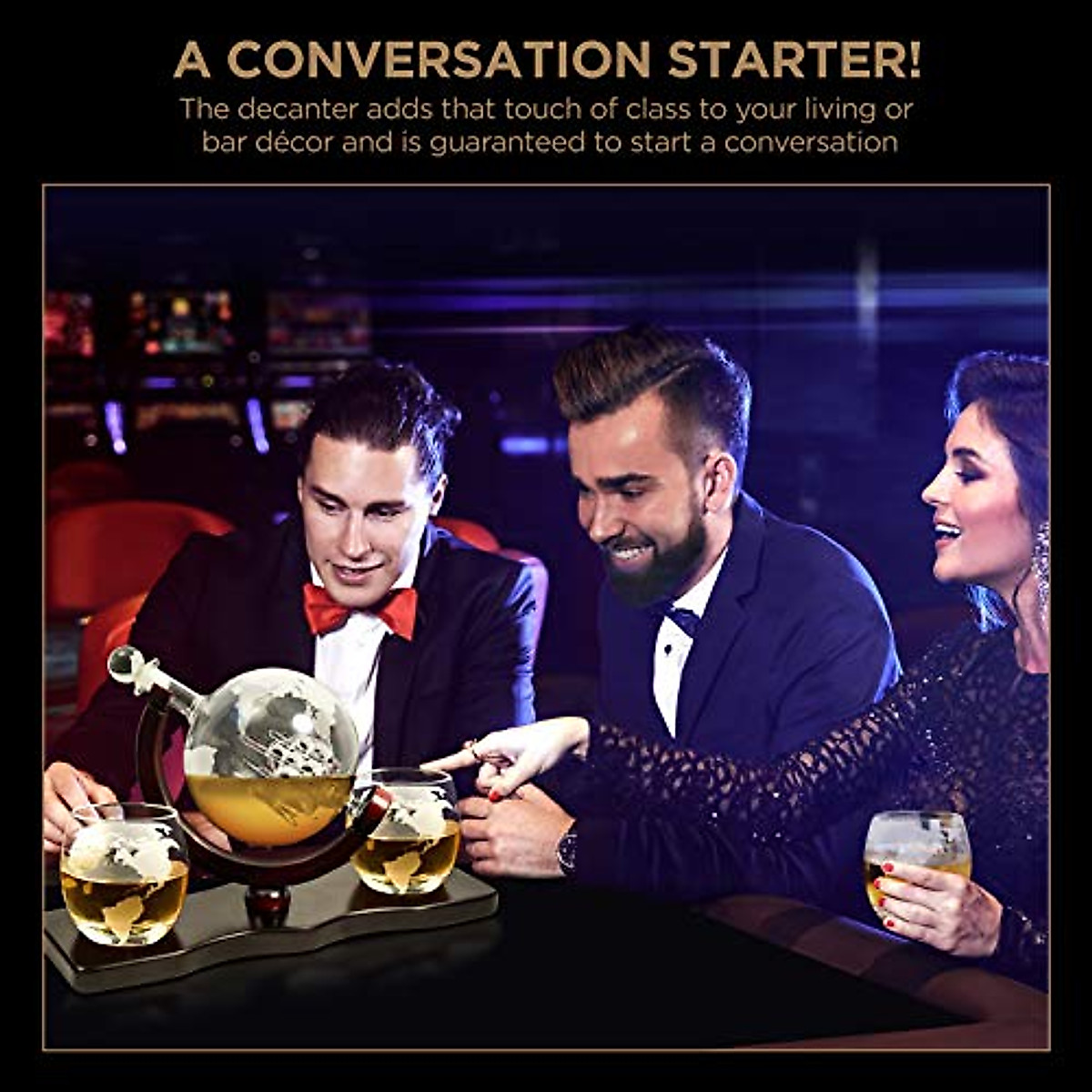 flybold Whiskey Decanter Set - Whiskey Decanter Globe Set for Men Certified Safe Great Gifts for men - Bourbon decanter Scotch Decanter Sets 28 oz Includes 2 Glasses