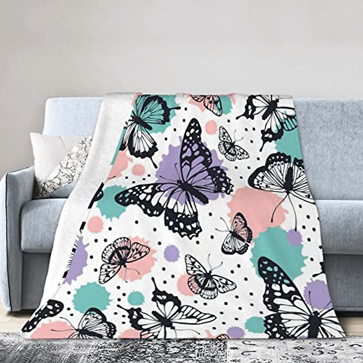 Butterfly Blanket Cozy Plush Flannel Fleece Colorful Butterflies Throw Blanket for Adult Youth Kids Ultra Soft Lightweight Fuzzy Party Blankets Gifts for Bed Couch Sofa 50"x40"