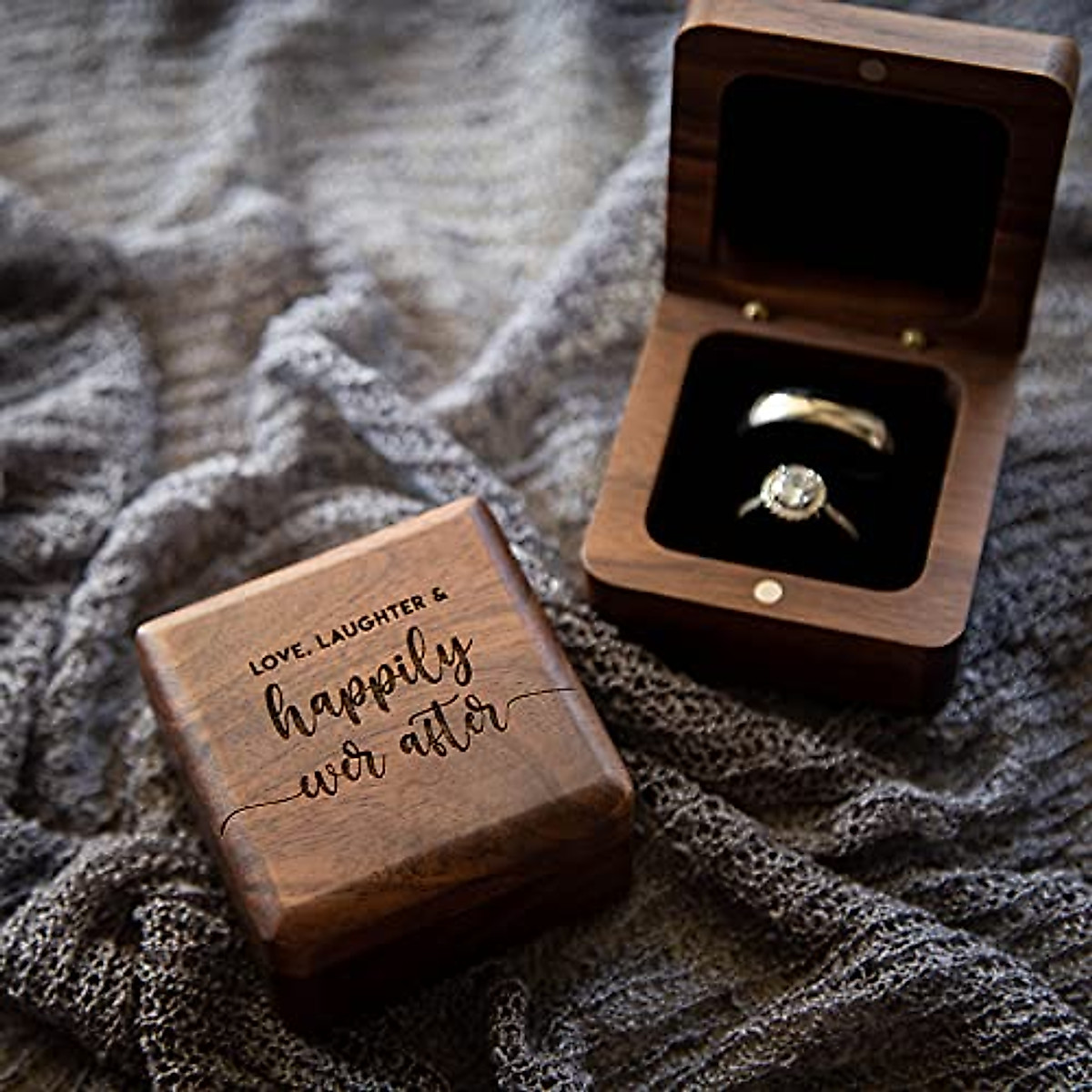 MUUJEE Love, Laughter & Happily Ever After Double Ring Box - Engraved Wooden Ring Case Box for Wedding Ceremony Engagement Proposal Ring Bearer Box - Anniversary Birthday Gift Ideas