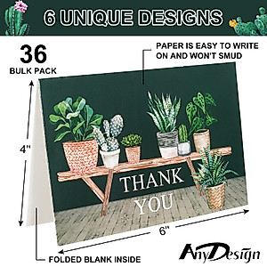 AnyDesign Home Plants Thank You Cards 36 Pack Succulent Cactus Note Cards with Matching Seal Stickers Envelopes Greenery Greeting Blank Cards for Birthday Baby Shower Wedding Bridal Party, 4 x 6