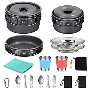 G4Free 18pcs Camping Cookware Mess Kit Non-Stick Lightweight Pots Pan Set with Stainless Steel Cups Plates Forks Knives Spoons for Camping Backpacking Outdoor Cooking and Picnic (Grey, 21PCS)