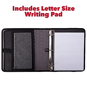 Case-it Padfolio with 1" Removable O-Ring Binder, with 5-Color Tabbed Expanding File Folder, Mesh Pockets, Pen Loops, Secure Elastic Strap Closure, Slim-700-FN, Black