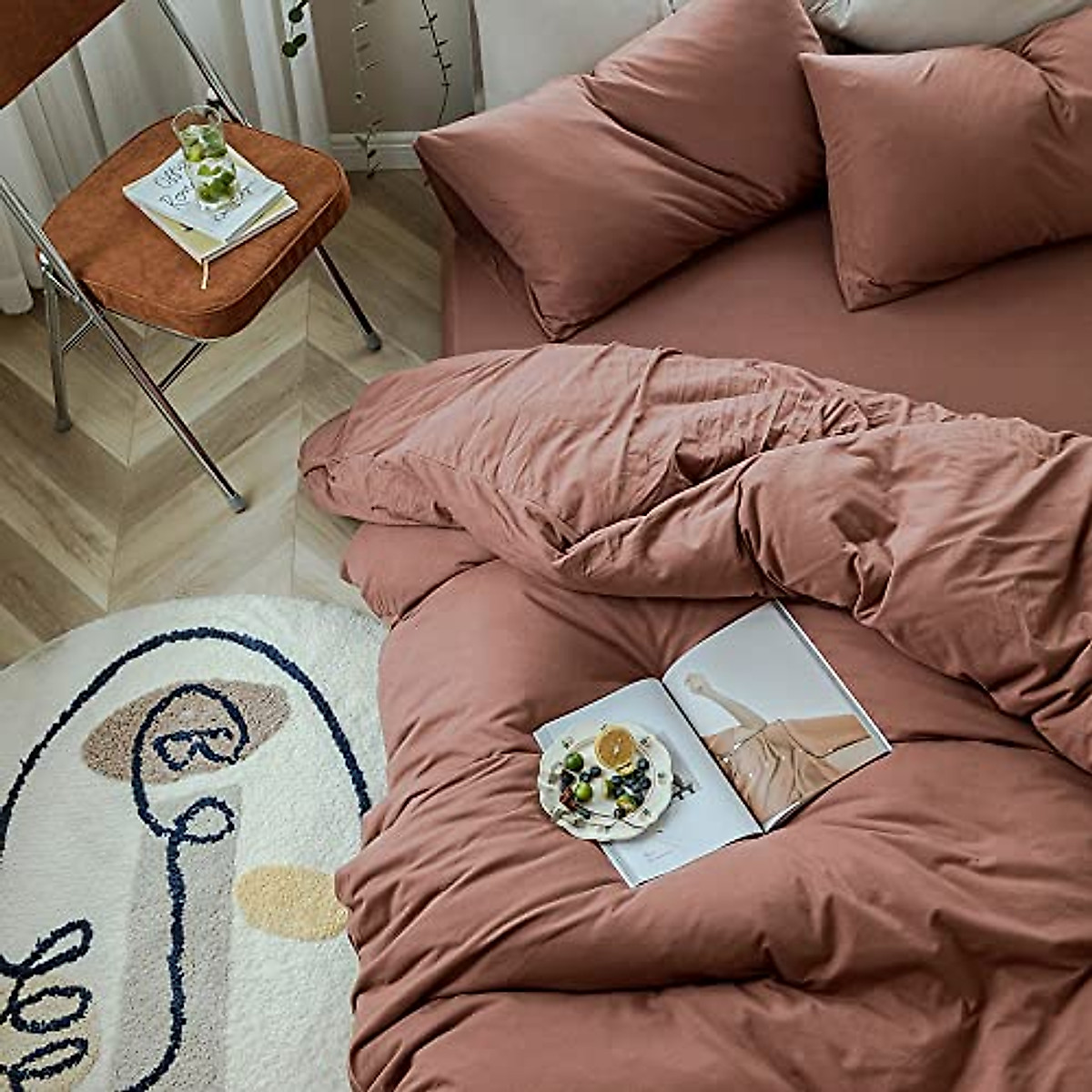MKXI Brick Red Duvet Cover King Size Solid Red Bedding Set Breathable Soft Knitted Cotton Simple Bedroom Collection Easy Care Solid Color Adults Bedding Zipper Closure
