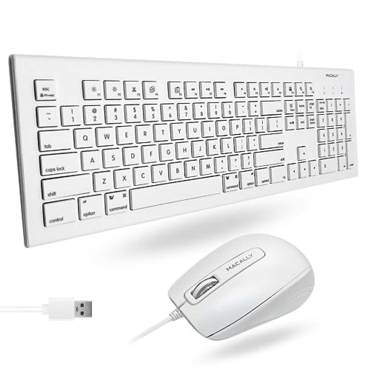 Macally 104 Key USB Wired Keyboard and Mouse Combo with Apple Shortcut Keys for Mac, iMac, Macbook, and Windows PC (MKEYECOMBO), White
