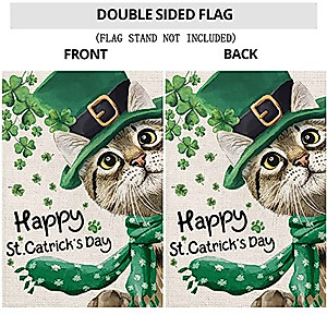 Happy St Patricks Day Garden Flag for Outdoor,Cat with Green Hat Scarf Shamrock Small Yard Flag,Spring Saint Patrick Decors for Outside Farmhouse Holiday 12x18 Double Sided