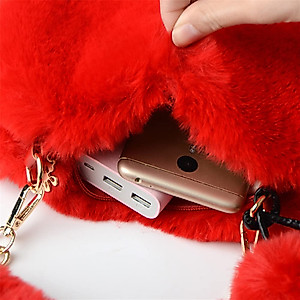 Soft Warm Faux Fur Handbag Fuzzy Crossbody Bag Heart Shape Soft Plush Purse for Winter Women Wallets (Red)