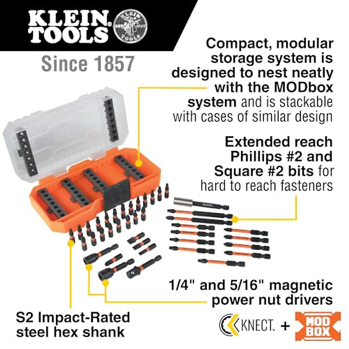 Klein Tools 33801 Impact Driver Bit Set with Magnetic Nut Drivers, ProFlex S2 Steel Phillips, Slotted, Square, TORX Bits with Case, MODBox Compatible, 40-Piece