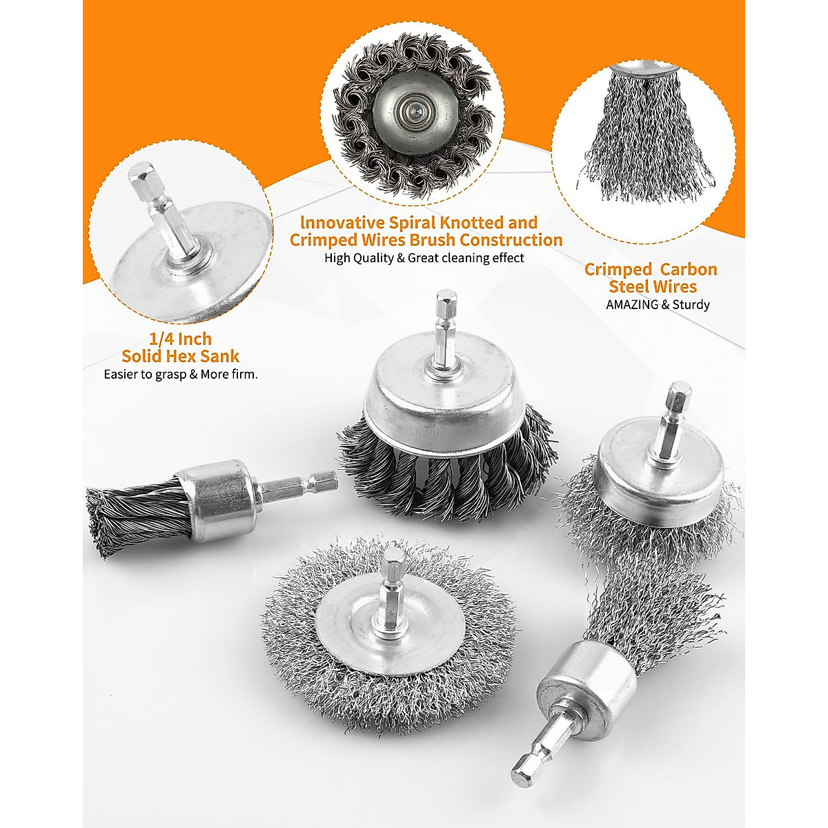 WENHUALI 5 Pcs Drill Wire Brush Set, Heavy Duty Wire Brush Wheel for Drill, 1/4'' Hex Shank Wire Brush Drill Attachments Coarse Carbon Steel Crimped, Great for Cleaning Rust, Paint, Abrasive