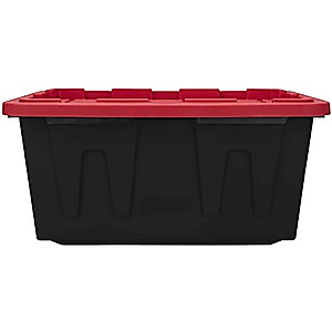 27 Gallon Stackable Snap Lid Plastic Storage Bin, Black Base/Red Lid, Set of 4