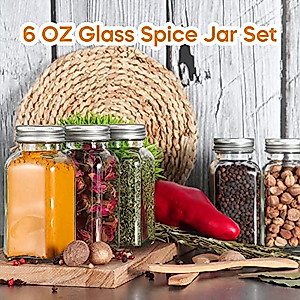 16 Pack 6 oz Glass Spice Jars with 80 Black Labels,180ml Empty Square Spice Containers Seasoning Bottles with Silver Caps and Shaker Lids for Kitchen Storage(Chalk Marker,Funnel and Brush include)