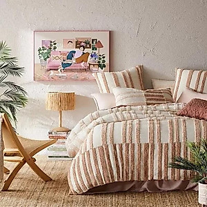 Lalawat Export Boho Duvet Cover,Tufted Duvet Cover Soft Washed Bedding Sets,3 Pcs Cotton Breathable Embroidery Shabby Chic Farmhouse Bedding Set with Zipper Closure (Ivory, Queen)