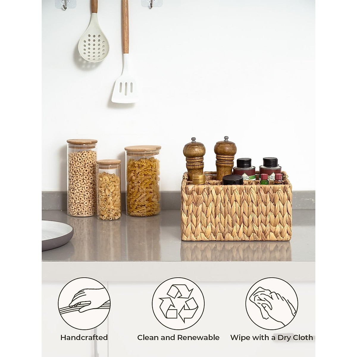 StorageWorks Wicker Flatware Organizer, Hand Woven Water Hyacinth Cutlery Holder for Countertop with Handle, 1 Pack