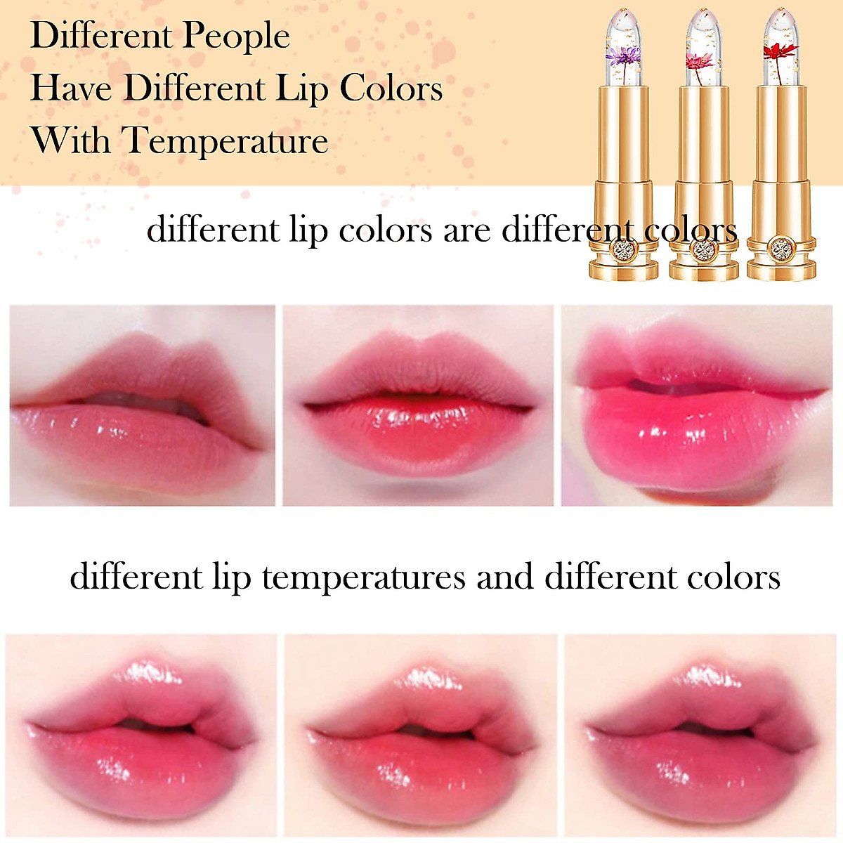 Mrettick 3 Colors Crystal Flower Jelly Lipstick Set,Magic Temperature Color Changing Lip Gloss PH Lipstick Color Changing Jelly Lipstick Waterproof Moisturizer Lip Balm (#1+#2+#3)