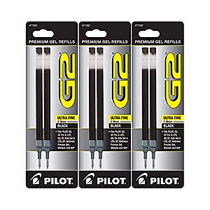Pilot G2 Gel Ink Pen Refills, Ultra Fine Point, 0.38mm, Black Ink, 6 Refills