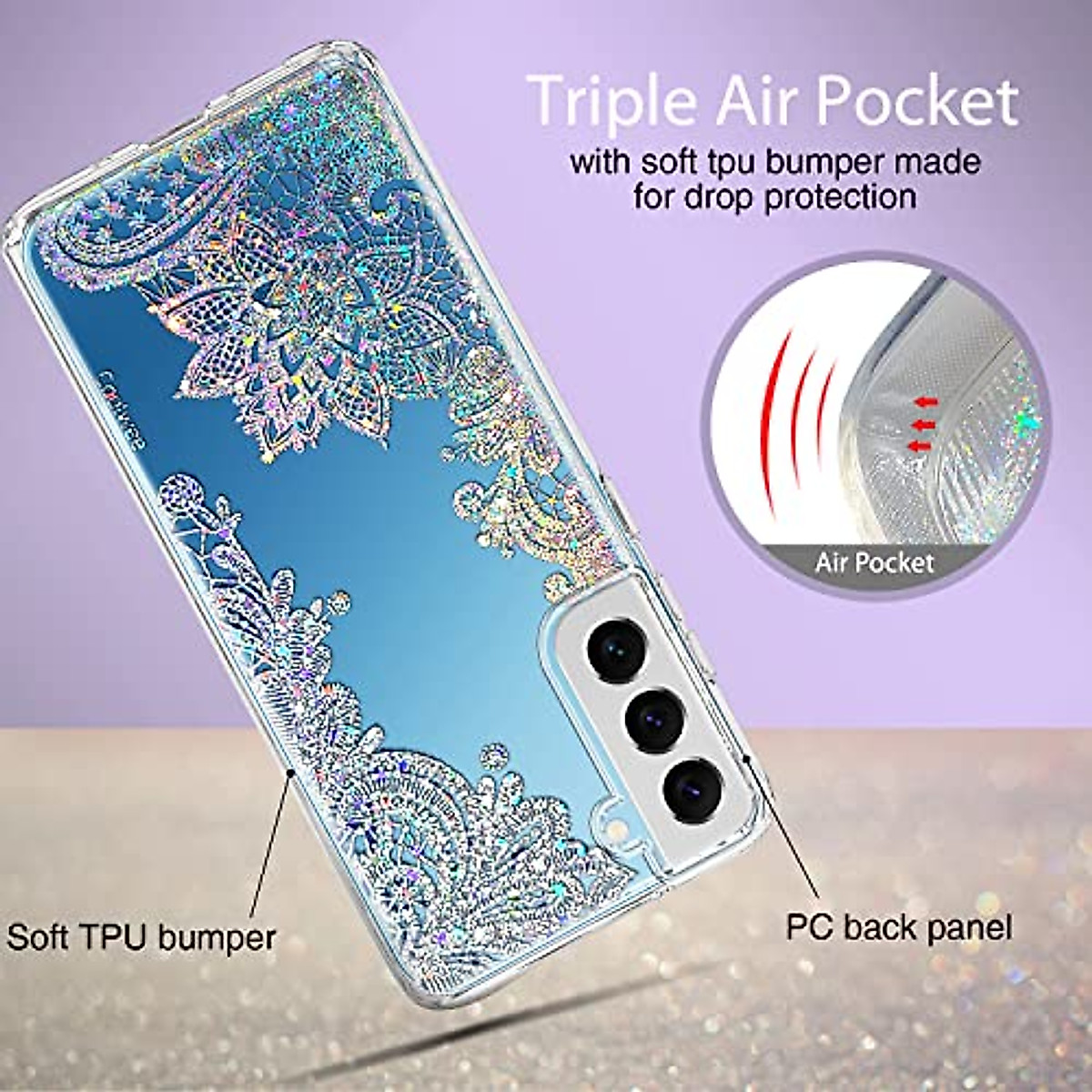Coolwee Clear Glitter for Galaxy S22, 6.1 inch, Thin Flower Slim Cute Crystal Lace Bling Shiny for Women Girls Floral Plastic Hard Back Soft TPU Bumper Protective Cover for Samsung S22 Mandala Henna