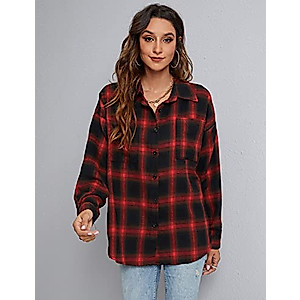 BMJL Women's Button Down Plaid Shirts Oversized Flannel Shacket Collared Casual Top Long Sleeve Blouses(L,Plaid)