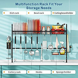 iSPECLE Over The Sink Dish Drying Rack Large Stainless Steel Dish Rack Shelf Over Sink for Kitchen Space Saver, Black