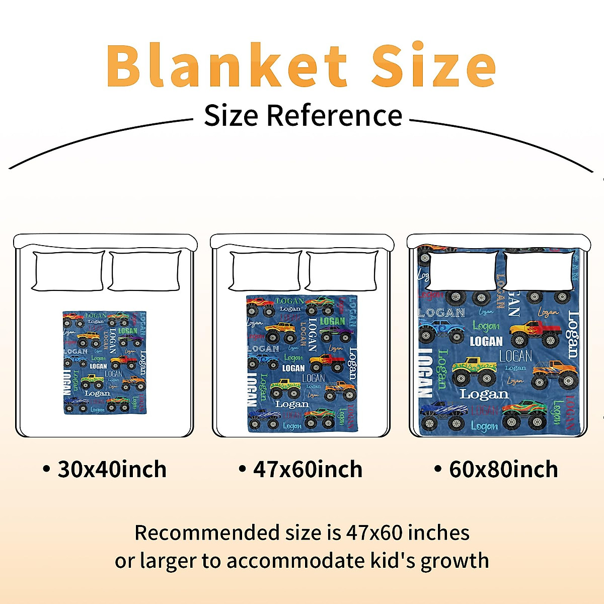 Custom Name Blanket - Personalized Flannel Bed Blanket with Double Layer Dotted Backing - Car Monster Truck Tractor Excavator Train with Multi-Fonts Name Design for Baby Kids Boys Girls Gifts Color08