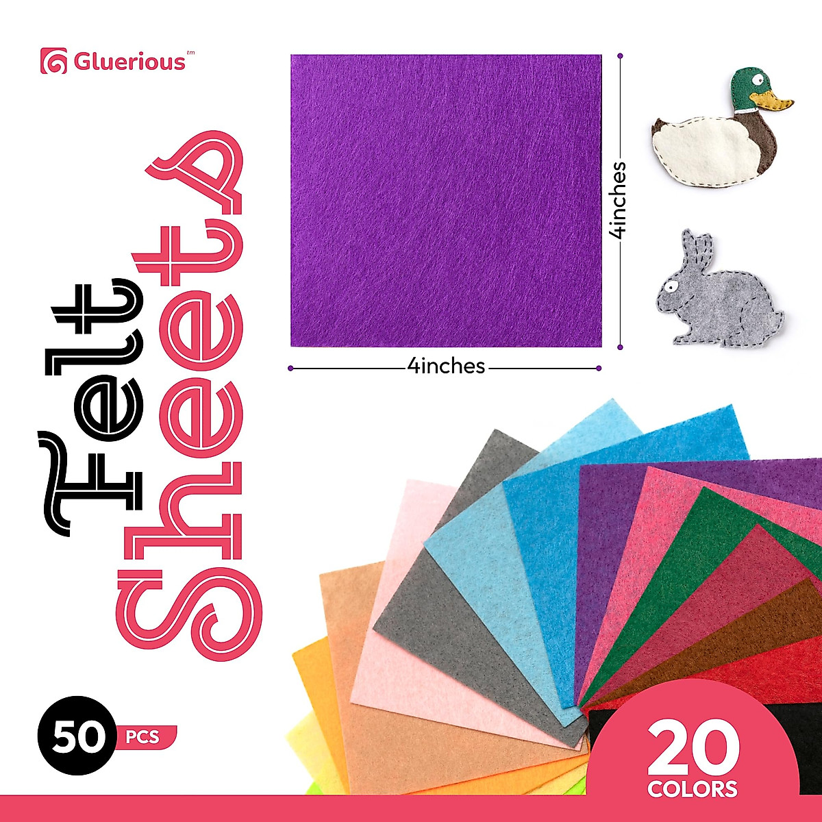 50 Pcs Felt Sheets for Crafts, 4x4 inch Multi Colored Felt Fabric Sheets for DIY, Sewing & Furniture Projects, 1mm Thick Felt Sheets