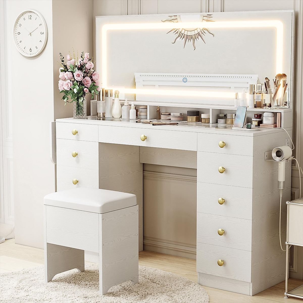 IRONCK Vanity Desk with Mirror and LED Lights, Makeup Vanity with 11 Drawers and Power Outlet, 45" Glass Top Vanity Table with Storage Stool, Adjustable Brightness, Vanity Set for Bedroom, White