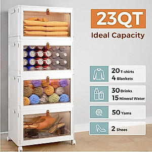 4 Tier Stackable Plastic Storage Bins with Lid and Wheels - 23 QT Closet Organizers and Storage, Foldable Storage Containers, Organization and Storage Boxes for Craft, Home, Pantry, Office, Dorm