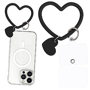 TIESOME Heart Loop Phone Lanyard, Smart Phone Hand Wrist Lanyard Strap with Key Chain Holder Compatible with Most Smartphones for Cell Phone Case Keys ID Badges with 2packs Back Patch(Black)