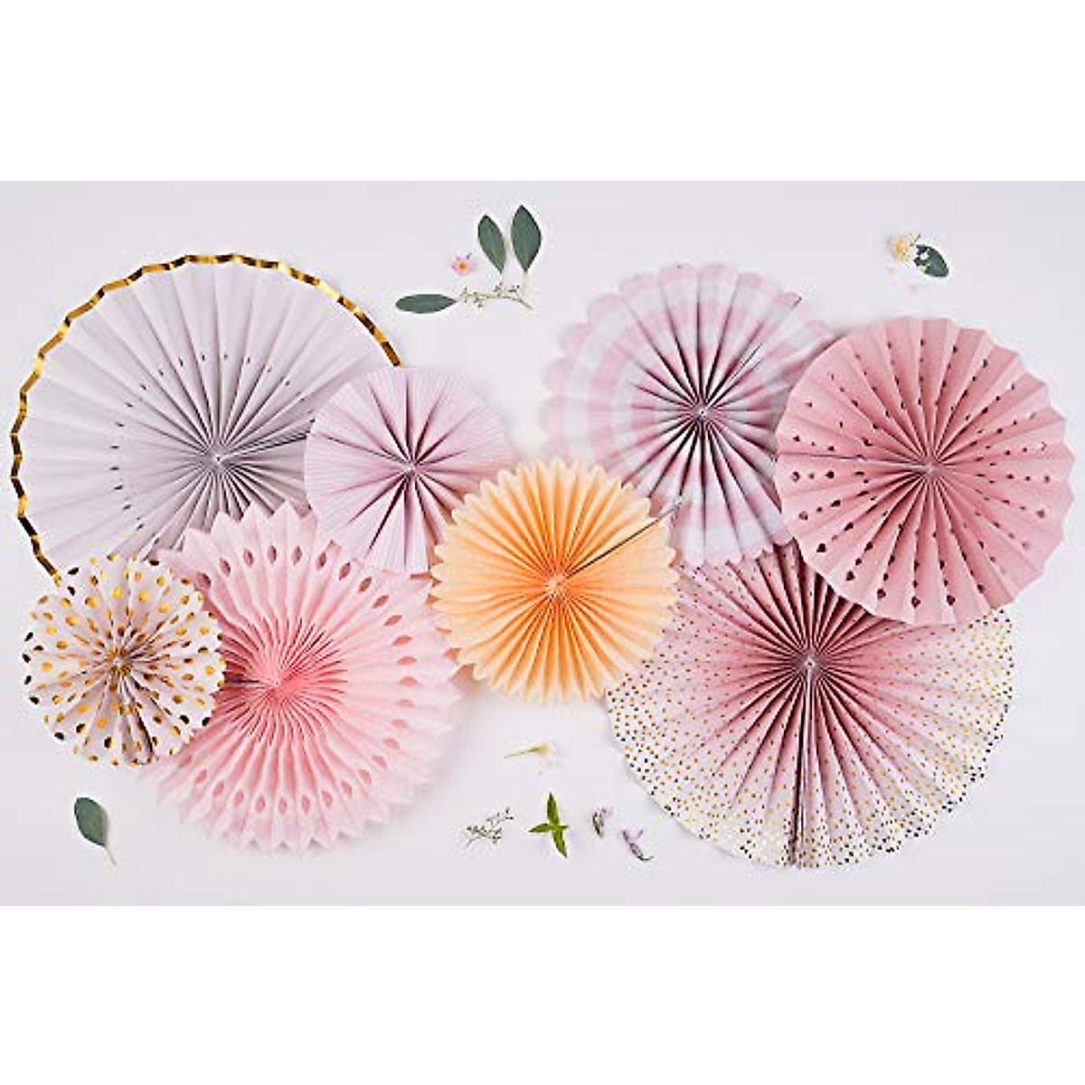 PapaKit Origami Wall Decoration Set (8 Assorted Round Paper Fans) Birthday Party Baby Shower Wedding Events Decor | Creative Art Design Pattern (Sparkling Pink Rose Blush, 8 Piece Set)