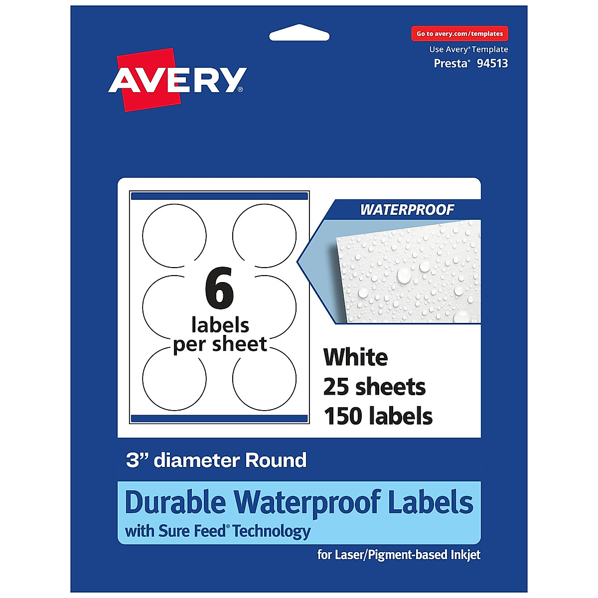 Avery Waterproof Round Labels with Sure Feed, Print to the Edge, 3" Diameter, 150 White Labels (36591)