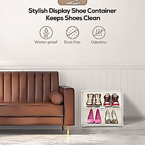 ORGXpert Stackable Drop Front Shoe Storage Organizer, Reusability Stylish Clear Plastic Shoe Box, Sturdy XLarge Shoe Display Container with Lids, Fits up to Size 12 Sneakers High Tops, 2 Layer
