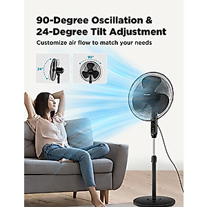 PELONIS 16'' Pedestal Remote Control, Oscillating Stand Up Fan 7-Hour Timer, 3-Speed and Adjustable Height, PFS40A4BBB, Supreme 16"-Black