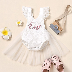 Baby Girl's 1st First Birthday Cake Smash Outfit Flutter Short Sleeve Lace Romper Tutu Tulle Dress Bodysuit with Crown Headband 2pcs Clothes Set One Year Old Party Photo Shooting Props White 9-12M