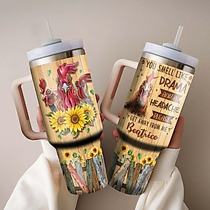 WAZONE Personalized Funny Chickens Flowers You Smell Like Drama And A Headache Floral Rooster Tumbler with Lid 40oz Stainless Steel Custom Name Best Gifts For Farmer Girls Women Birthday Christmas